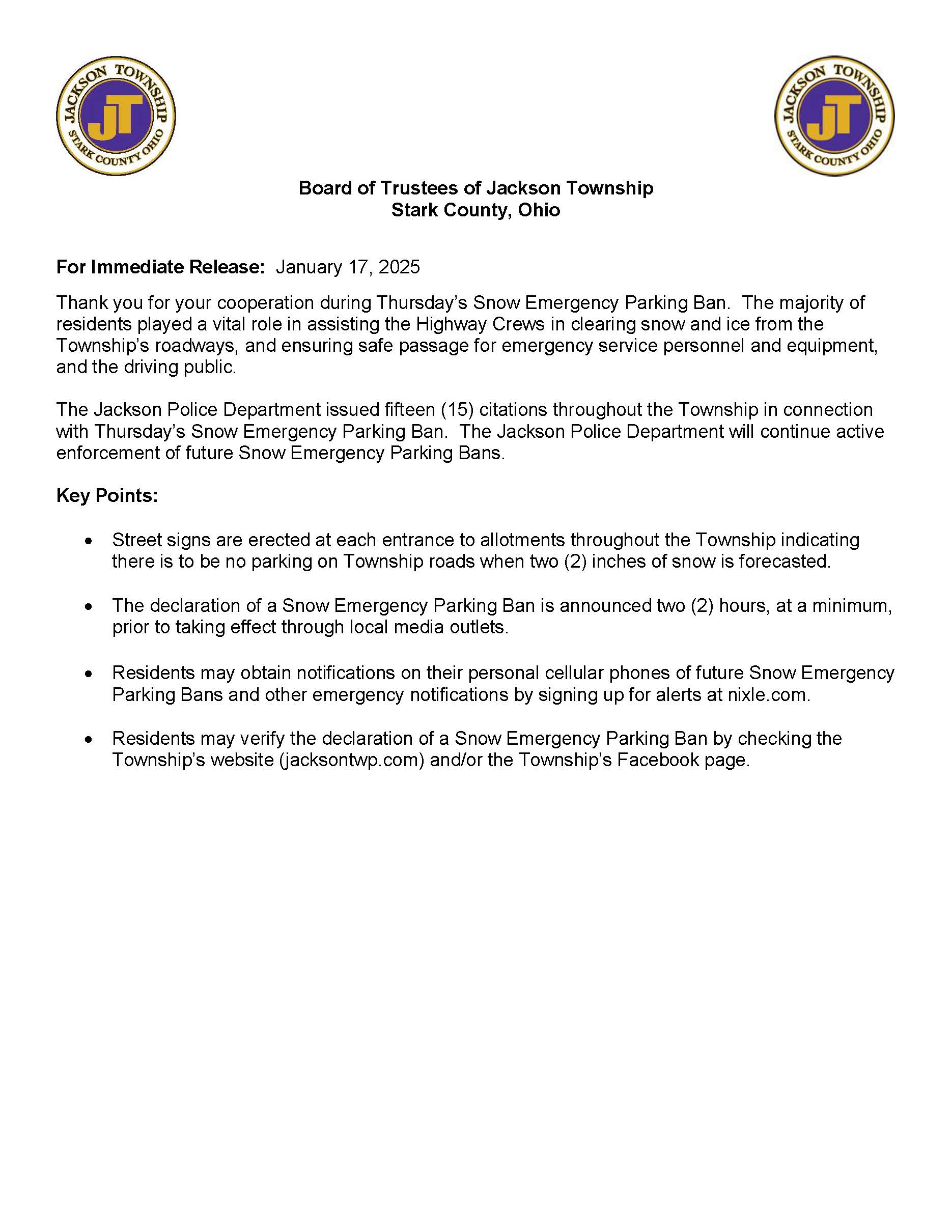 1-17-25 Press Release - Snow Parking Ban - Jackson Township, Stark ...